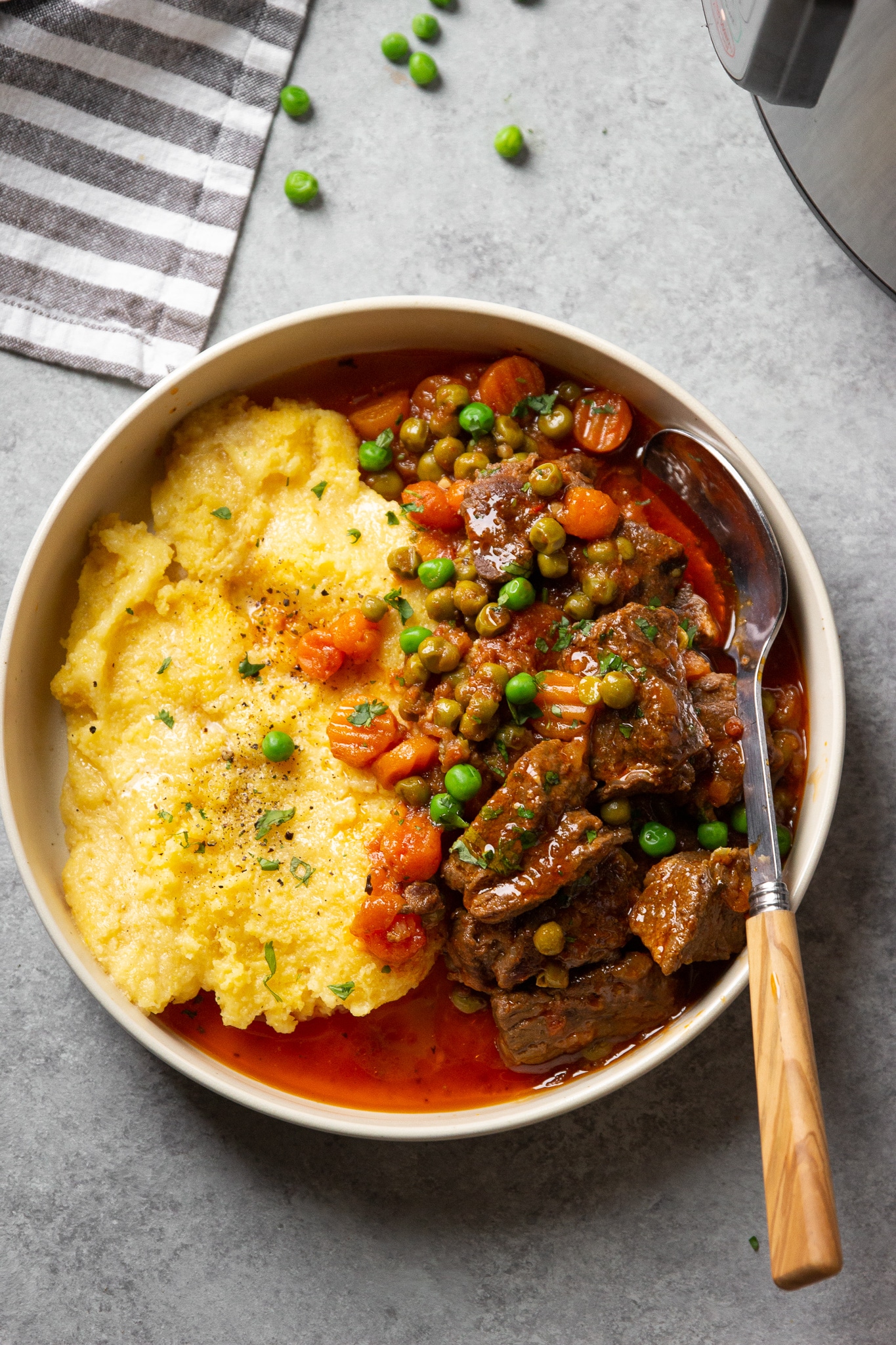 Beef Stew with Carrots Peas and Creamy Polenta | Garden in the Kitchen